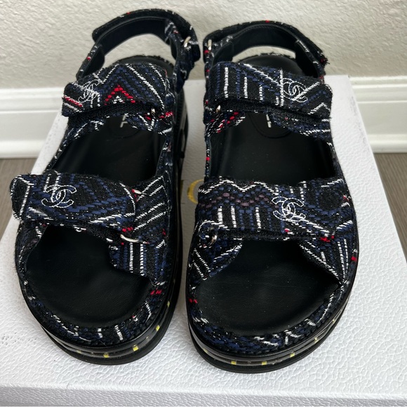 CHANEL | Shoes | Chanel Black Tweed Dad Sandals Cc Logo Size 385 85 9 ...